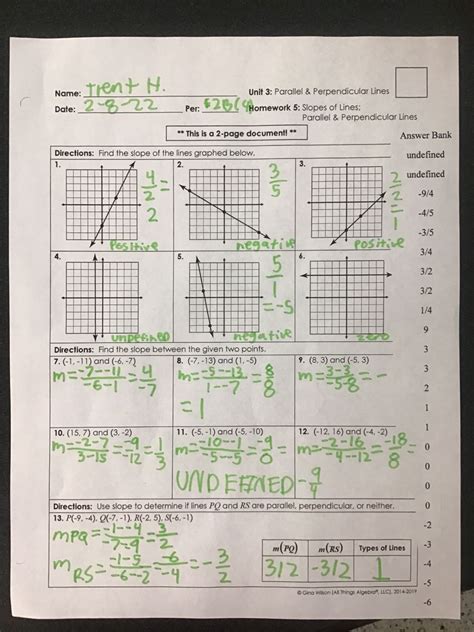 Slope And Parallel And Perpendicular Lines Homework Page 1