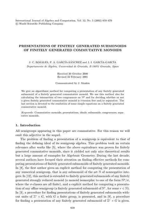 Pdf Presentations Of Finitely Generated Submonoids Of Finitely