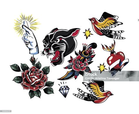 오래된 문신 학교 색깔의 아이콘은 표범 화려한 별 의 차 칼 머리의 제비 장미 심장 컵 세트 고립 된 일러스트레이션을 상징 문신에 대한 스톡 벡터 아트 및 기타 이미지