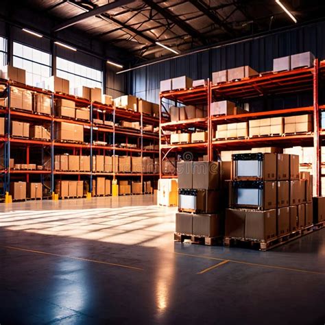 Modern Warehouse Logistics Storage Area Stacked With Boxes And Cargo