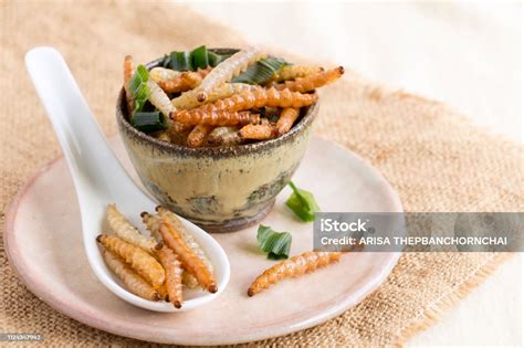 음식 곤충 대나무 벌레 곤충 튀김 바 삭 요리 음식 품목 및 자루에 숟가락으로 먹고 그것은 미래의 음식에 대 한 식용 단백질의 좋은 소스 Entomophagy 개념입니다