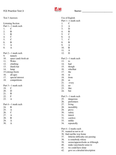 Fce Practice Test 3 Answer Key Pdf