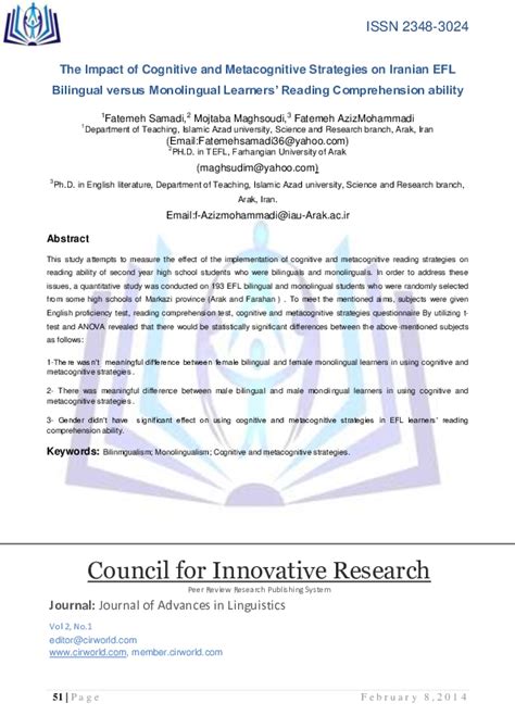 Pdf The Impact Of Cognitive And Metacognitive Strategies On Iranian Efl Bilingual Versus