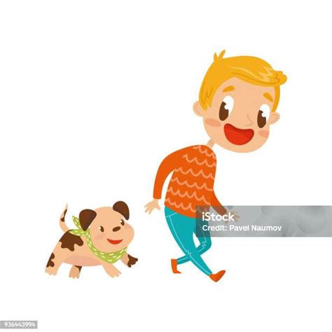 소년 그의 강아지와 함께 연주 미소 귀여운 만화 캐릭터 벡터 그림을 흰색 배경에 개에 대한 스톡 벡터 아트 및 기타 이미지 개 소년 귀여운 Istock