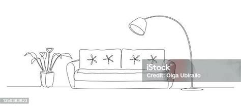 소파와 로프트 램프와 식물의 연속 한 줄 그리기 심플한 리니어 스타일의 스칸디나비아 세련된 가구 낙서 벡터 일러스트레이션 거실에 대한 스톡 벡터 아트 및 기타 이미지
