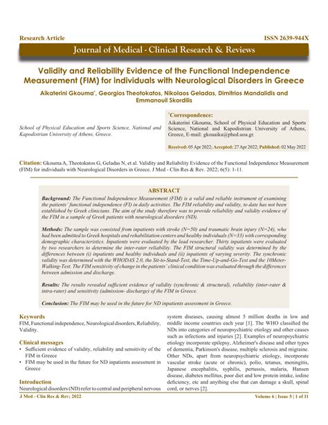 Pdf Validity And Reliability Evidence Of The Functional Independence Measurement Fim For