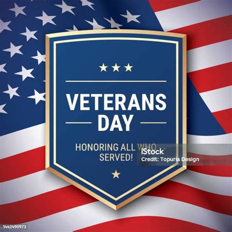 재향 군인의 날 엽서 벡터 디자인 인사말 텍스트와 흔들리는 미국 국기 배경에 방패 Us Veterans Day에 대한 스톡 벡터 아트 및 기타 이미지 Us