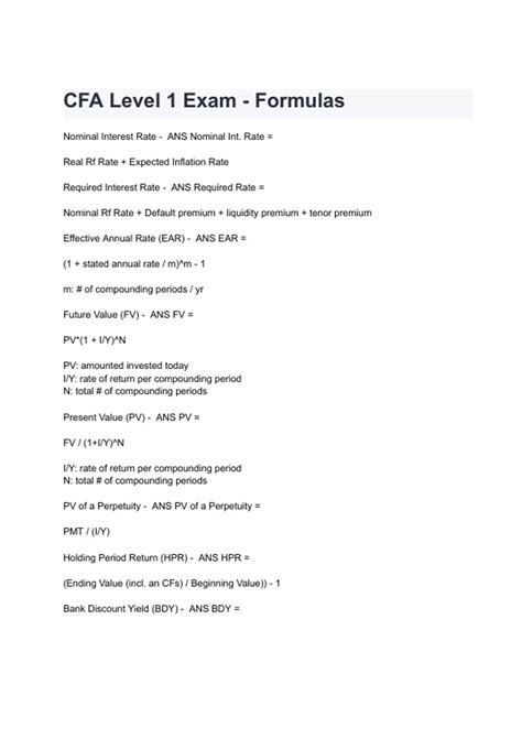 Cfa Level 1 Exam Formulas Questions And Answers 2024 A Graded 100 Verified Cfa Level 1