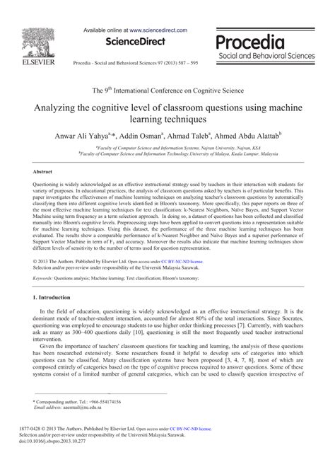 Pdf Analyzing The Cognitive Level Of Classroom Questions Using Machine Learning Techniques