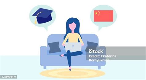 온라인 중국어 학습 거리 교육 개념 언어 교육 및 과정 여자 학생은 노트북에서 웹 사이트에서 외국어를 공부합니다 플랫 디자인의 벡터 Brand Name Online
