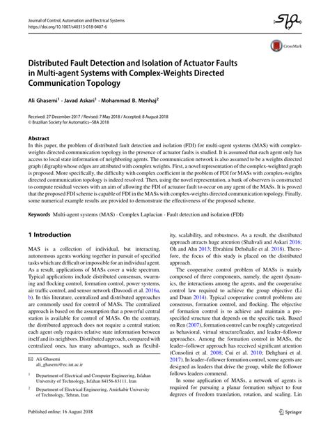 Pdf Distributed Fault Detection And Isolation Of Actuator Faults In
