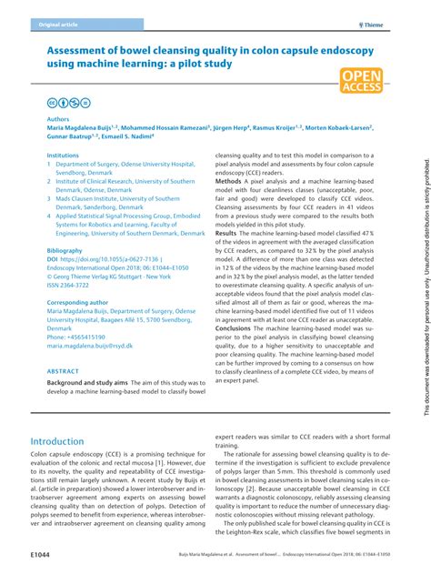 Pdf Assessment Of Bowel Cleansing Quality In Colon Capsule Endoscopy Using Machine Learning A