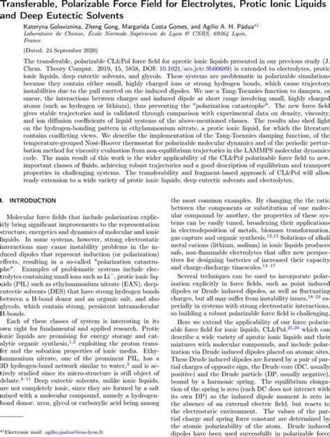 transferable polarizable force field for electrolytes protic ionic liquids and deep eutectic