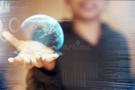 Earth Hologram Global Network Or Woman Hands With World Data Analysis Worldwide Ai