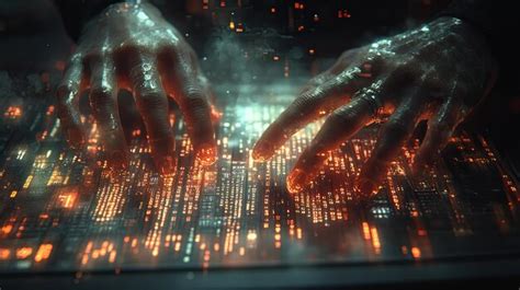 10 A Photorealistic Double Exposure Of Hands On A Keyboard Where Streams Of Binary Code Flow
