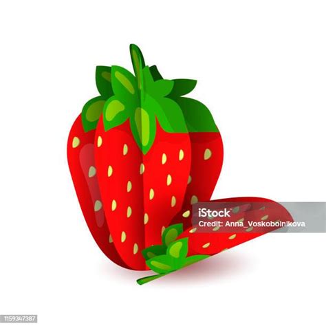 벡터 열대 여름 이국적인 과일 종이 컷 볼륨트리트 종이 접기 흰색 배경에 격리된 색상 개체입니다 붉은 맛딸기와 슬라이스 종이접기에 대한 스톡 벡터 아트 및 기타 이미지