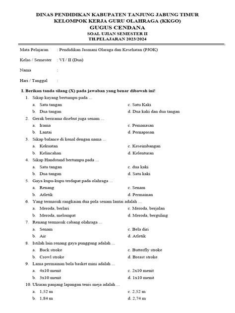 Soal Pjok Kelas 6 Smt 2 Ta 2024 Pdf