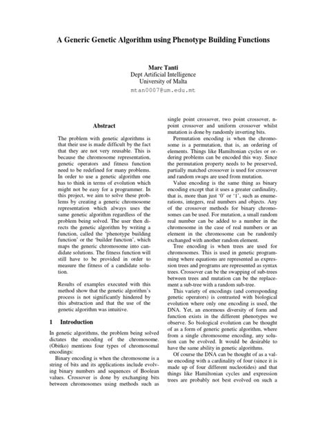 A Generic Genetic Algorithm Using Phenotype Building Functions Pdf
