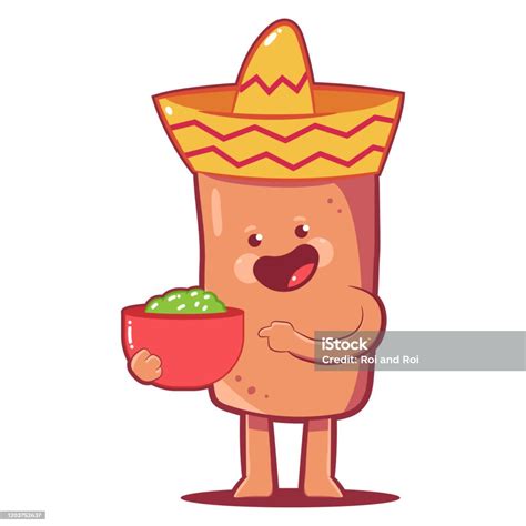 흰색 배경에 고립 된 과카아몰리 소스 벡터 만화 캐릭터와 솜브레로 모자에 귀여운 부리토 감정에 대한 스톡 벡터 아트 및 기타 이미지 감정 구아카몰 귀여운 Istock