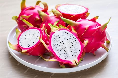 Premium Ai Image Dragon Fruit Cut Open On A Plate On A Light Background