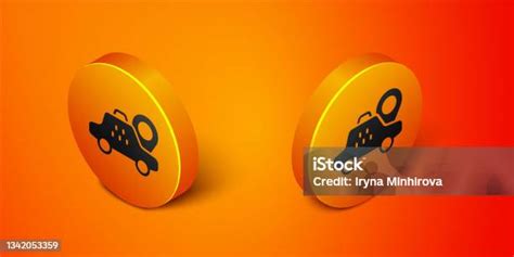 주황색 배경에 격리 된 택시 자동차 아이콘이있는 등색지도 포인터 위치 기호입니다 주황색 원 버튼 벡터 3차원 형태에 대한 스톡 벡터 아트 및 기타 이미지 Istock