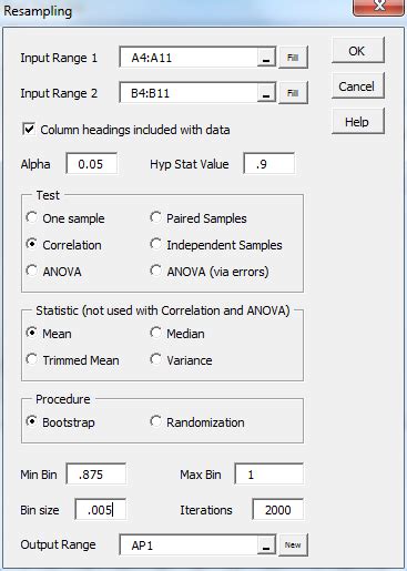 resampling for correlation real statistics using excel