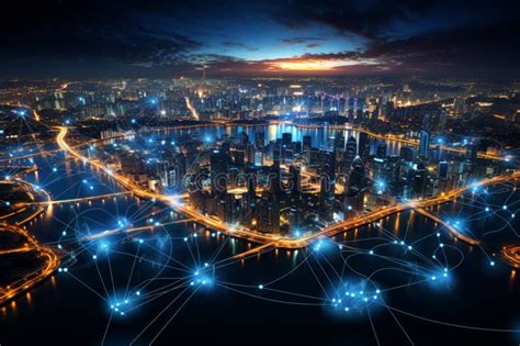 Modern Cityscape Buildings And Digital Connection Concept 3d Rendering Double Exposure Stock