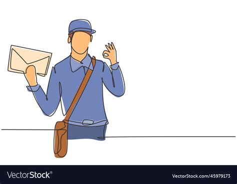 Continuous One Line Drawing Postman Wearing Hat Vector Image