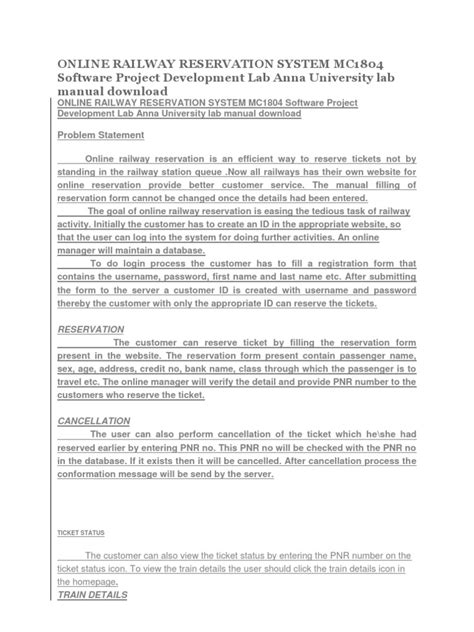 online railway reservation system mc1804 software project development