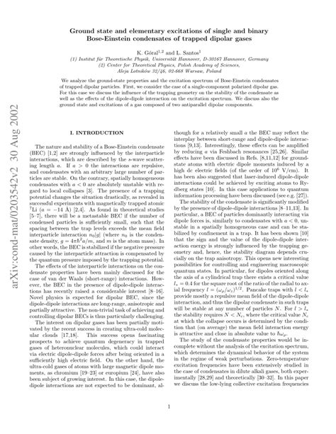 Pdf Ground State And Elementary Excitations Of Single And Binary Bose Einstein Condensates Of