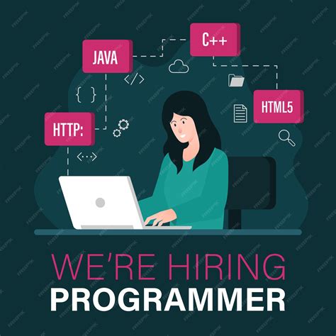 Premium Vector We Are Hiring Programmer Job Vacancy Template With Woman Working On Laptop