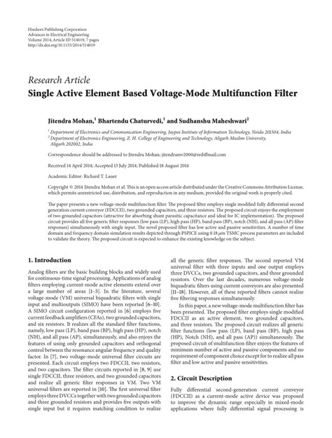 Pdf Single Active Element Based Voltage Mode Multifunction Filter