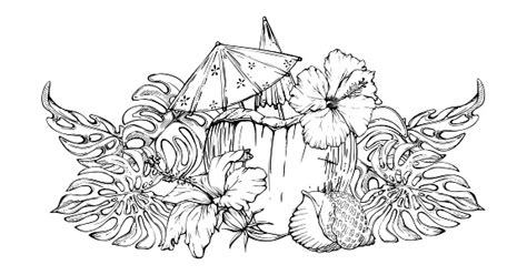 손으로 그린 벡터 잉크 구성 종이 우산 히비스커스 꽃과 코코넛 칵테일 흰색 배경에 격리 디자인 벽 예술 결혼식 인쇄 직물 표지