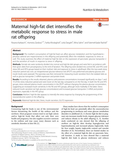 Pdf Maternal High Fat Diet Intensifies The Metabolic Response To Stress In Male Rat Offspring