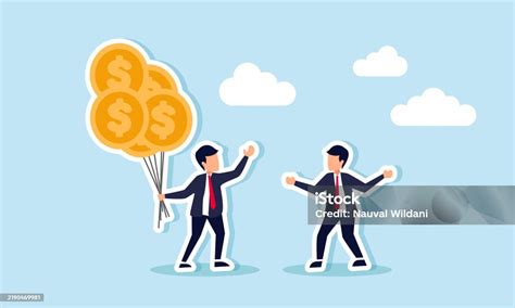 사업가가 여러 개의 달러 동전 풍선을 들고 다른 비즈니스 파트너에게 보여주면 금융 안정 전략에서 비즈니스 동기를 나타낼 수 있습니다 개발에 대한 스톡 벡터 아트 및 기타