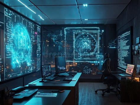 Interactive Workspace With Advanced Technology And Data Visualization In Modern Office At Night