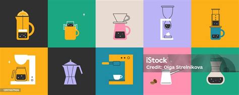 다양성 커피 양조 방법의 일러스트레이션이있는 벡터 아이콘 세트 커피 마실 것에 대한 스톡 벡터 아트 및 기타 이미지 커피