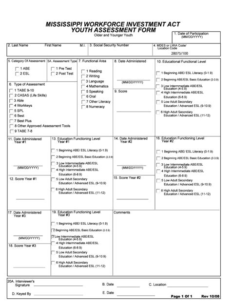 Fillable Online Youth Assessment Form Mississippi Workforce South