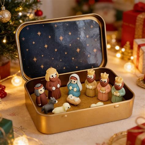 Mini Christmas Nativity Set In Tin Box 9 Pcs Miniature Manger Scene