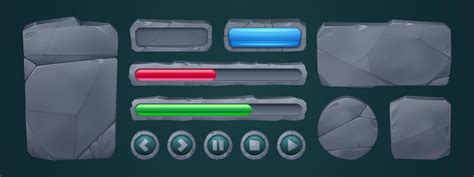 배경에 고립된 돌 게임 Ui 프레임과 버튼의 세트 ⁇ 터 만화 직사각형 및 둥근 메뉴 보드의 일러스트레이션 플레이 중지 중지