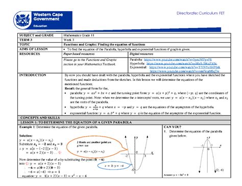 Mathematics Grade 11 Term 3 Week 3 Functions And Graphs Lesson Notes