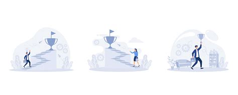 계단에 서 있는 트로피 컵을 들고 있는 사업가 황금 트로피로 사다리를 오르는 사업가 성공과 전문적인 성취 평면 벡터 현대 일러스트레이션 설정 Championship에 대한