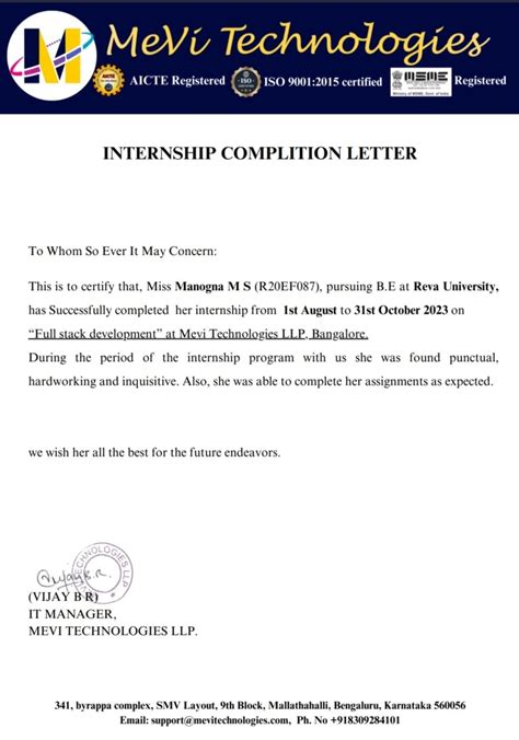 Manogna M S On Linkedin I Am Pleased To Announce That I Have Completed My Internship At Mevi