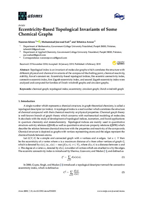 Pdf Eccentricity Based Topological Invariants Of Some Chemical Graphs Mohamed Sesay