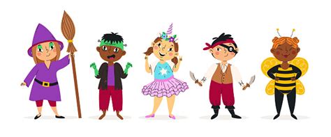 할로윈 의상 벡터 일러스트 레이 션에 재미 있는 아이 행복 하 고 귀여운 카니발 어린이 세트 마녀 좀비 유니콘 해적 꿀벌 개체 그룹에 대한 스톡 벡터 아트 및 기타 이미지