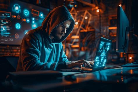 Premium Photo Hooded Hacker Typing On A Laptop In Dark Room At Night