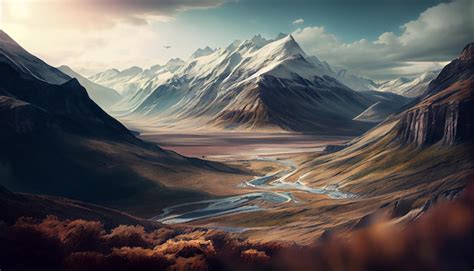 Ai가 생성한 고요한 시골 초원 위로 우뚝 솟은 산봉우리 무료 사진