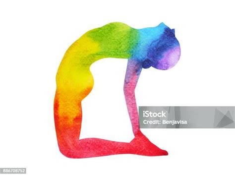 낙 타 포즈 요가 7 색상 차크라 수채화 그림 패턴 손으로 그린 그림 디자인 수채화에 대한 스톡 벡터 아트 및 기타 이미지