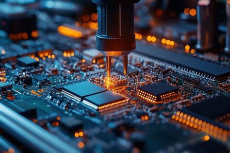 High Precision Robot Arm Installs Components Circuit Boards Electronic Device Production Fully