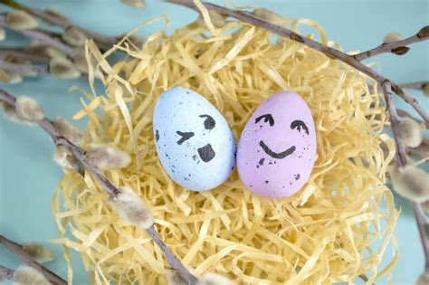 Two Eggs With Emoji In The Nest Emoticons On Eggs For Easter Festive Eggs In A Nest Among The
